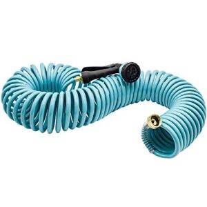 AUTOMAN-Garden-Water-Hose-Recoil,50 Feet EVA Curly Water Hose with Brass Connectors,Watering Hose Coil,Includes 7-Pattern Function Sprayer,Retractable,Corrosion Resistant Garden Coil Hose.