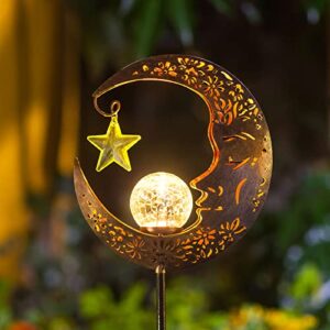 hapjoy solar lights outdoor garden decor solar moon lantern for patio,lawn or pathway moon decorations crackle glass globe stake metal lights waterproof warm led garden gifts (bronze)