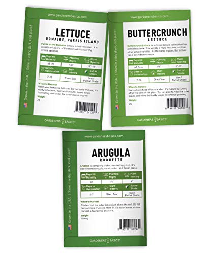 Lettuce and Greens Heirloom Vegetable Seed Non-GMO Seeds for Planting Indoors and Outdoor 5 Packs - Lettuce Buttercrunch, Romaine, Arugula, Kale and Spinach by Gardeners Basics