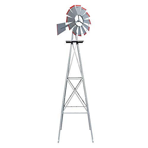 VINGLI 8FT Ornamental Windmill Backyard Garden Decoration Weather Vane, Heavy Duty Metal Wind Mill w/ 4 Legs Design, Grey