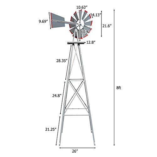 VINGLI 8FT Ornamental Windmill Backyard Garden Decoration Weather Vane, Heavy Duty Metal Wind Mill w/ 4 Legs Design, Grey