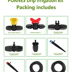 POANES Drip Irrigation Kit, 100FT Garden Watering System with 40FT 1/4 inch and 60FT 1/2 inch Blank Distribution Tubing Hose Distribution Tubing Adjustable Nozzle Emitters Sprinkler Barbed Fittings