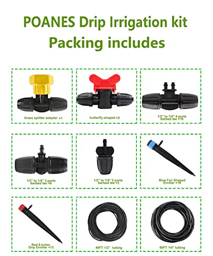 POANES Drip Irrigation Kit, 100FT Garden Watering System with 40FT 1/4 inch and 60FT 1/2 inch Blank Distribution Tubing Hose Distribution Tubing Adjustable Nozzle Emitters Sprinkler Barbed Fittings