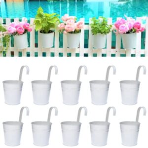 lalagreen hanging planters – 10 pack, 4 inch balcony railing hanging herb garden wall white metal bucket fence planter for outdoor plants flower pot deck rail porch window box hooks macetas colgante