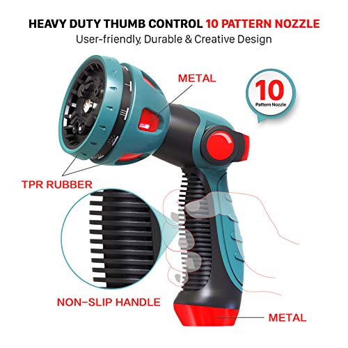 Garden Hose Nozzle, 10 Patterns Metal Water Hose Nozzle Heavy Duty Hose Spray Nozzle with Thumb Control for Watering Lawns,Car Washing,Bathing Pets