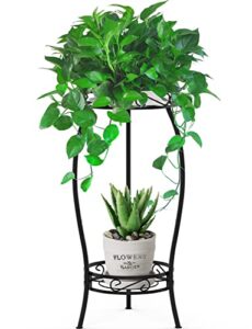 bextcok 27inch tall metal plant stand rustproof decorative wrought iron flower pot rack 2 tier supports for small double plants indoor outdoor patio corner garden, black