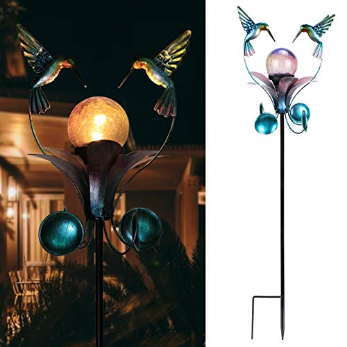 VCUTEKA Solar Lights Outdoor Metal Garden Stake Waterproof Crackle Glass Globe Garden Decor Hummingbird for Pathway, Lawn, Patio, Yard