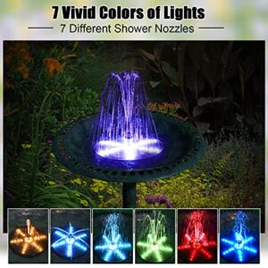 GAIZERL Solar Bird Bath Fountains Upgraded, 4W Solar Powered Water Fountain Pump with 7 Nozzles & 4 Fixers, 4000 Battery, 7 Colors LED Light for Garden, Pond, Pool, Fish Tank, and Outdoor