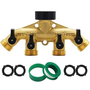 splittars​ 4 way garden hose splitter 100% solid brass outdoor faucet spigot splitter, water hose splitter, hose manifold, 4 outlets, independent on/off valves, 4 rubber washers, 3/4” hose connector