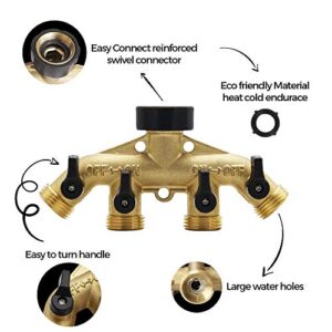 Splittars​ 4 Way Garden Hose Splitter 100% Solid Brass Outdoor Faucet Spigot Splitter, Water Hose Splitter, Hose Manifold, 4 outlets, independent on/off valves, 4 rubber washers, 3/4” Hose Connector