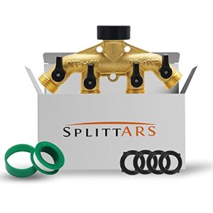 Splittars​ 4 Way Garden Hose Splitter 100% Solid Brass Outdoor Faucet Spigot Splitter, Water Hose Splitter, Hose Manifold, 4 outlets, independent on/off valves, 4 rubber washers, 3/4” Hose Connector