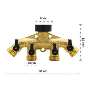 Splittars​ 4 Way Garden Hose Splitter 100% Solid Brass Outdoor Faucet Spigot Splitter, Water Hose Splitter, Hose Manifold, 4 outlets, independent on/off valves, 4 rubber washers, 3/4” Hose Connector