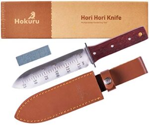 hokuru hori hori knife – landscaping, digging, weeding, cutting, planting gardening tool with leather sheath, stainless steel blade and sharpening stone