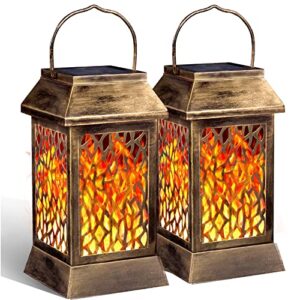 walensee solar lights outdoor with flickering flame (2 pack bronze) upgraded metal solar powered lanterns landscape decoration hanging lighting waterproof led umbrella light for patio garden deck yard