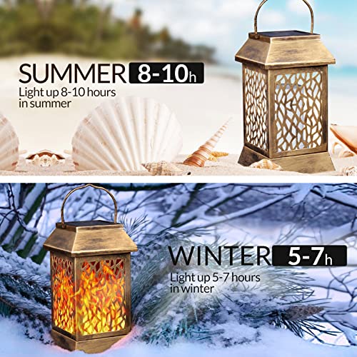 Walensee Solar Lights Outdoor With Flickering Flame (2 Pack Bronze) Upgraded Metal Solar Powered Lanterns Landscape Decoration Hanging Lighting Waterproof LED Umbrella Light for Patio Garden Deck Yard