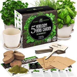 Indoor Herb Garden Starter Kit - 5 Herb Plant Grow Kit w/ Pots & Soil - DIY Heirloom Herb Seeds Home Gardening Kit - Kitchen Window Garden Growing Kit - Unique Gardening Gifts for Women & Men