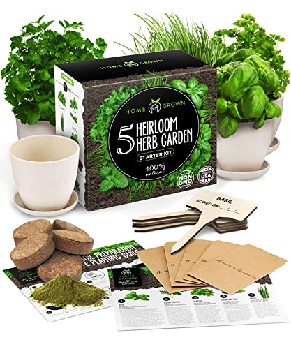 Indoor Herb Garden Starter Kit - 5 Herb Plant Grow Kit w/ Pots & Soil - DIY Heirloom Herb Seeds Home Gardening Kit - Kitchen Window Garden Growing Kit - Unique Gardening Gifts for Women & Men