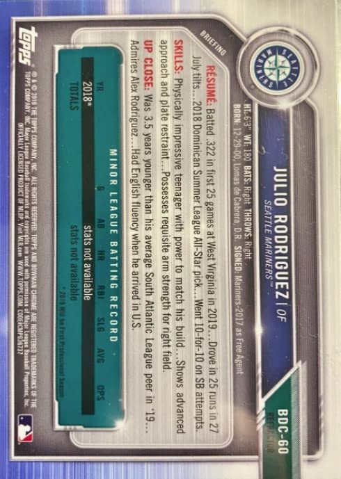 2019 Bowman Draft Chrome - Julio Rodriguez - REFRACTOR - Seattle Mariners Baseball Rookie Card RC #BDC-60