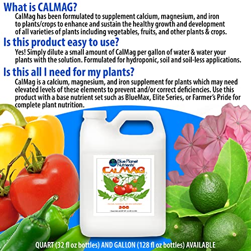 CalMag + Iron Plant Supplement (32 oz) Quart | Concentrated Calcium Magnesium Iron for All Plants & Gardens | Makes Up to 315 Gallons | Prevents & Corrects Blossom End Rot | Blue Planet Nutrients