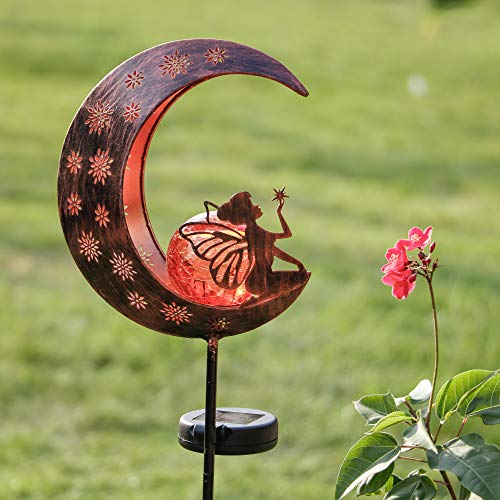 TERESA'S COLLECTIONS Yard Art Decorations Outdoor Moon Backyard Decor, 39 Inch Angel Garden Gifts Decor for Outside Lawn Ornaments Fairy Solar Stake Lights Crackle Glass Globe Patio Landscape Pathway