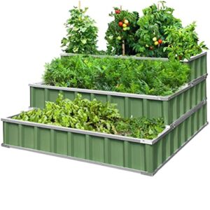 KING BIRD 3 Tiers Raised Garden Bed Dismountable Frame Galvanized Steel Metal Patio Garden Elevated Planter Box 46’’x46’’x23.6’’ for Growing Vegetables Flower (Green)