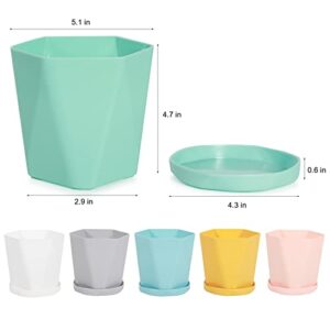 ISIVBPEP Flower Pots - 6 Pack 5.1 Inch Plastic Plant Pots with Drainage Holes and Saucers - Planters for Indoor Plants - Garden Pots with Gardening Tools