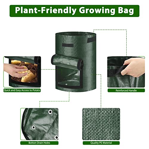 JJGoo Potato Grow Bags, 4 Pack 10 Gallon with Flap and Handles Planter Pots for Onion, Fruits, Tomato, Carrot - Green