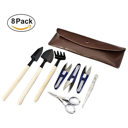 Bonsai Set 8 Pcs - Include Pruner,Fold Scissors,Mini Rake,Bud & Leaf Trimmer Set by ZELAR Made