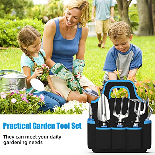 Garden Tool Set, Gardening Gifts for Women & Men，WANCHI 7 Pcs Heavy Duty Aluminum Rustproof Gardening Hand Tools，Blue Gardening Kit (Garden Tote Shovel Hand Rake Fork Weeder Pruner Transplanter)