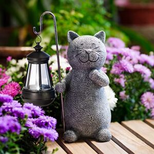 qeeman solar garden statue cat figurine- garden art with solar lantern, loving cat for patio,balcony,yard, lawn-unique housewarming gift for garden mom grandma