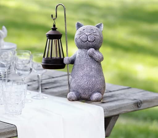 Qeeman Solar Garden Statue Cat Figurine- Garden Art with Solar Lantern, Loving Cat for Patio,Balcony,Yard, Lawn-Unique Housewarming Gift for Garden Mom Grandma