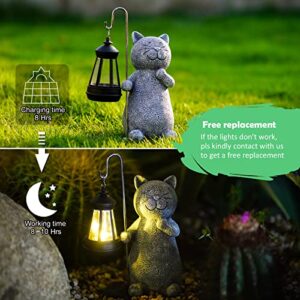 Qeeman Solar Garden Statue Cat Figurine- Garden Art with Solar Lantern, Loving Cat for Patio,Balcony,Yard, Lawn-Unique Housewarming Gift for Garden Mom Grandma