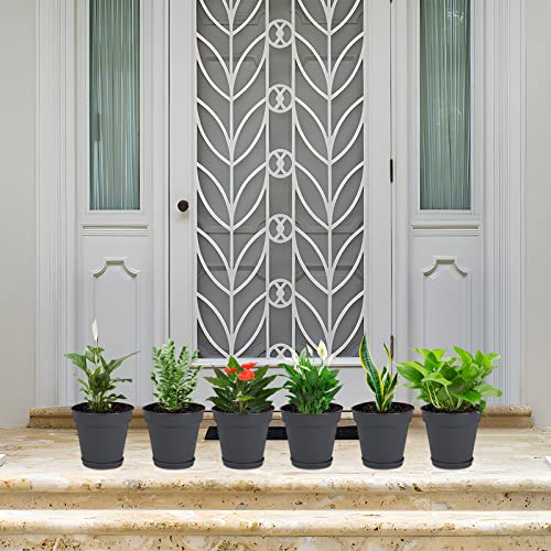 Quarut Plant Pots Set of 6 Pack 6.5 Inch,Plastic Planters with Drainage Holes and Saucer,Modern Decorative Flower Pots Used for Indoor and Outdoor,Yard,Garden,Home, Office Etc All Plants.【Dark Grey】