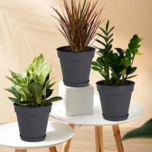 Quarut Plant Pots Set of 6 Pack 6.5 Inch,Plastic Planters with Drainage Holes and Saucer,Modern Decorative Flower Pots Used for Indoor and Outdoor,Yard,Garden,Home, Office Etc All Plants.【Dark Grey】