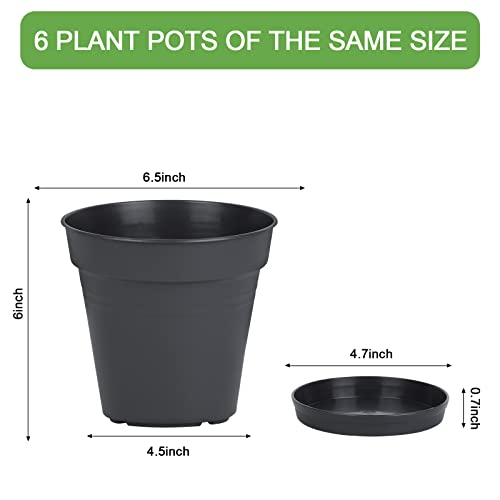 Quarut Plant Pots Set of 6 Pack 6.5 Inch,Plastic Planters with Drainage Holes and Saucer,Modern Decorative Flower Pots Used for Indoor and Outdoor,Yard,Garden,Home, Office Etc All Plants.【Dark Grey】