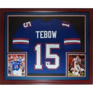 tim tebow autographed florida gators (blue #15) deluxe framed jersey w/”07 heisman” – tebow holo