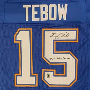 Tim Tebow Autographed Florida Gators (Blue #15) Deluxe Framed Jersey w/"07 Heisman" - Tebow Holo