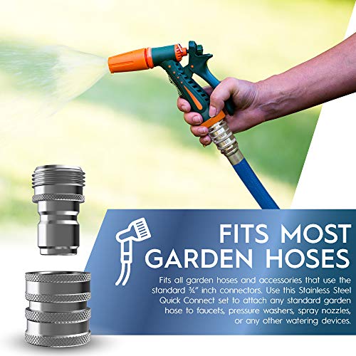 ESSENTIAL WASHER Garden Hose Quick Connect Hose Fittings - 3/4 Inch Stainless Steel Water Hose Quick Connect Set - Garden Hose Connector Set, Pressure Washer Adapter, Great For RV or Pressure Washer