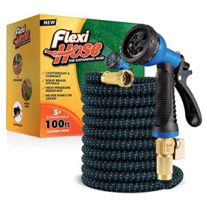 flexi hose with 8 function nozzle expandable garden hose, lightweight & no-kink flexible garden hose, 3/4 inch solid brass fittings and double latex core, 100 ft blue black