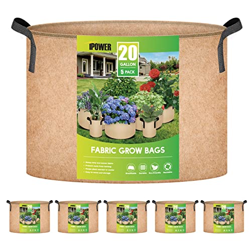 iPower 20 Gallon Grow Bags Nonwoven Fabric Pots Aeration Container with Strap Handles for Garden and Planting, 5-Pack Tan, 20 Gallon 20 Gallon