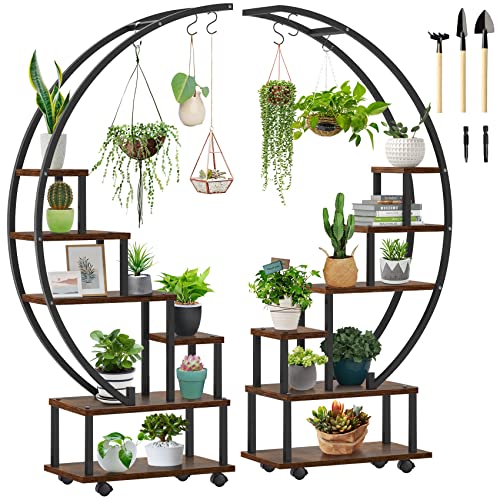 Seeutek 2 pcs 6 Tier Tall Metal Indoor Plant Stands with Hanging Loop,Half Moon Shaped Ladder Plant Shelf Holder,Multiple Plant Stand Flower Pot Rack for Home Decor Patio Lawn Garden Balcony.(Round-Brown with Wheels)