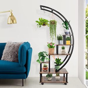 Seeutek 2 pcs 6 Tier Tall Metal Indoor Plant Stands with Hanging Loop,Half Moon Shaped Ladder Plant Shelf Holder,Multiple Plant Stand Flower Pot Rack for Home Decor Patio Lawn Garden Balcony.(Round-Brown with Wheels)