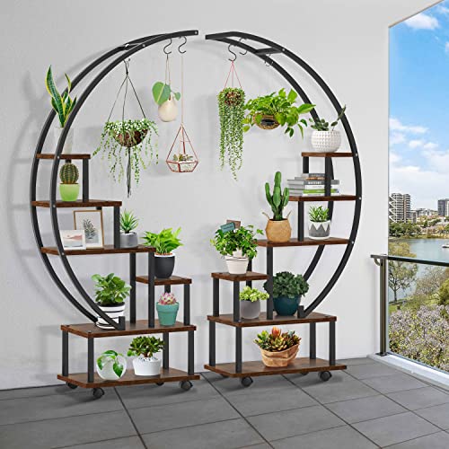 Seeutek 2 pcs 6 Tier Tall Metal Indoor Plant Stands with Hanging Loop,Half Moon Shaped Ladder Plant Shelf Holder,Multiple Plant Stand Flower Pot Rack for Home Decor Patio Lawn Garden Balcony.(Round-Brown with Wheels)