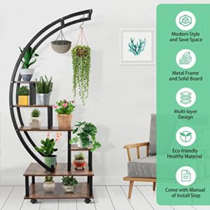 Seeutek 2 pcs 6 Tier Tall Metal Indoor Plant Stands with Hanging Loop,Half Moon Shaped Ladder Plant Shelf Holder,Multiple Plant Stand Flower Pot Rack for Home Decor Patio Lawn Garden Balcony.(Round-Brown with Wheels)