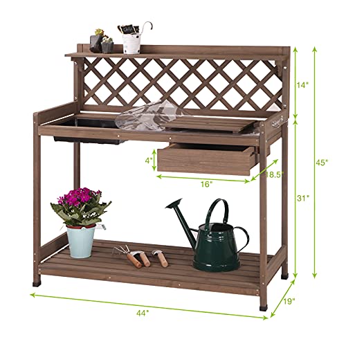 Outdoor Potting Bench, Wooden Garden Workstation Table w/Drawer, Open Shelf, Lower Storage- Extra PVC Layer