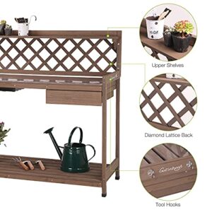 Outdoor Potting Bench, Wooden Garden Workstation Table w/Drawer, Open Shelf, Lower Storage- Extra PVC Layer