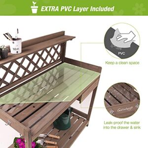 Outdoor Potting Bench, Wooden Garden Workstation Table w/Drawer, Open Shelf, Lower Storage- Extra PVC Layer