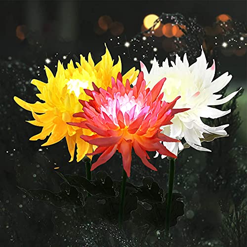 Kordain Outdoor Solar Garden Stake Lights, 3 Pack Solar Chrysanthemum Flower Lights, Waterproof LED Solar Decorative Powered Lights for Garden Pathway Walkway Lawn Yard Cemetery (Yellow, Red, White)