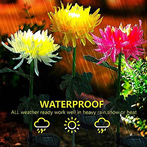 Kordain Outdoor Solar Garden Stake Lights, 3 Pack Solar Chrysanthemum Flower Lights, Waterproof LED Solar Decorative Powered Lights for Garden Pathway Walkway Lawn Yard Cemetery (Yellow, Red, White)