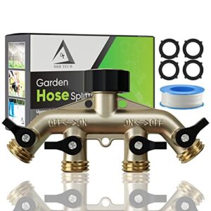 heavy duty 4 way hose splitter (premium brass for superior durability), wye garden hoses connector for water spigot faucet bib tap, four shut off valves, y adapter, rust-resistant finish, zero leaks